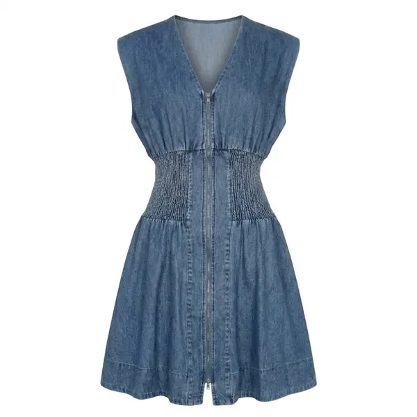 MODENAIRE Denim Mini Dress With Smocked Waist And Cap Sleeves - Blue