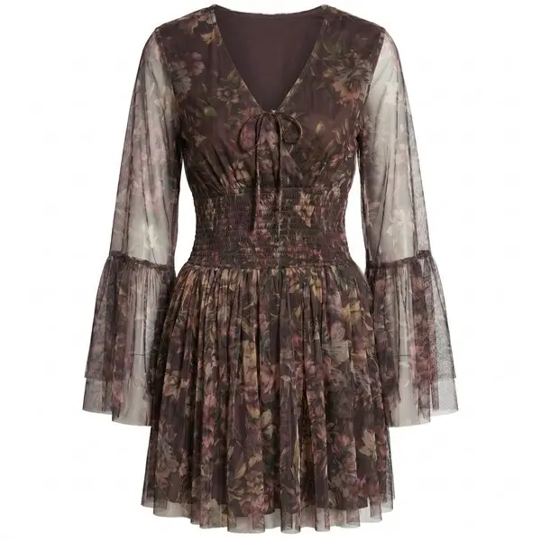 MODENAIRE Sheer Floral Midi Dress Pleated Silhouette - Brown