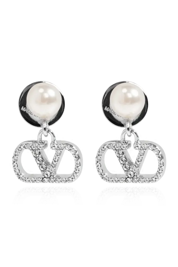 Valentino Garavani Tone Brass Crystal And Faux Pearl Drop Earrings - Silver
