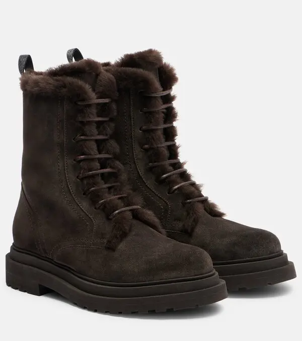 Brunello Cucinelli Monili Shearling-trimmed Suede Lace-up Boots - Brown