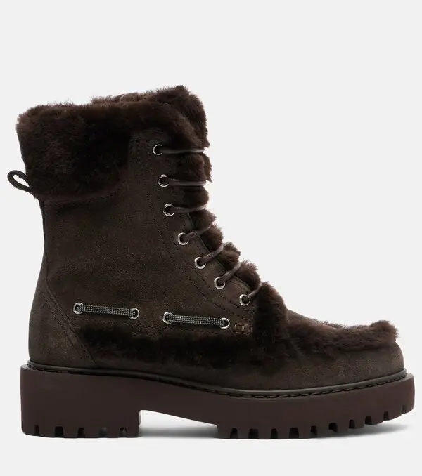 Brunello Cucinelli Monili Shearling-trimmed Suede Lace-up Boots - Brown