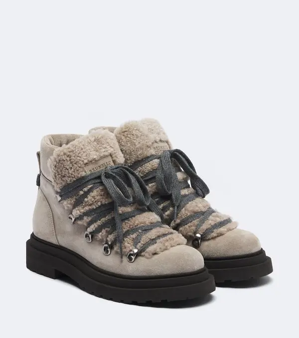 Brunello Cucinelli Monili Shearling-trimmed Suede Lace-up Boots - Grey