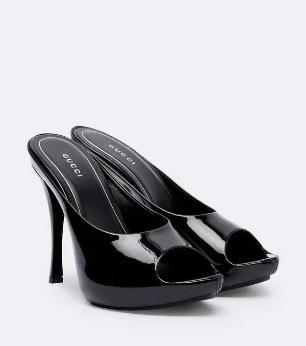 Gucci Viv Patent Leather Platform Mules - Black