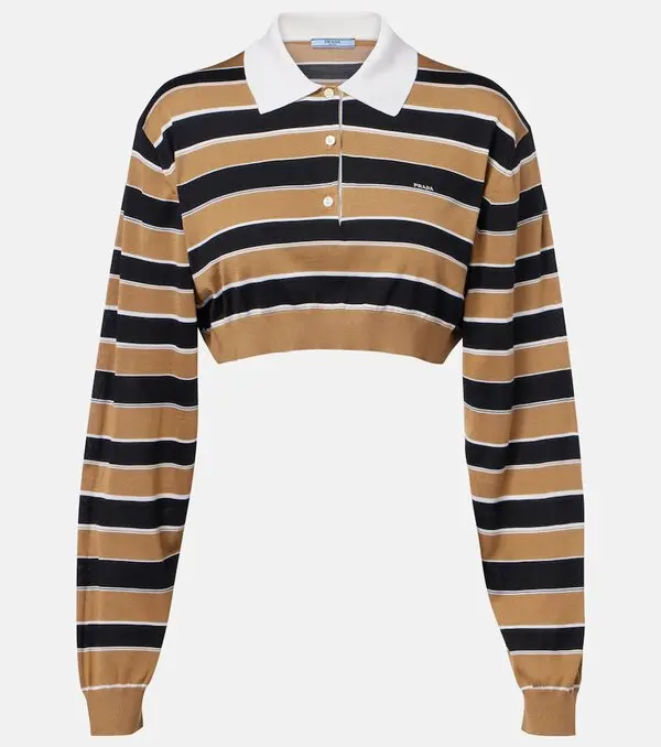 Prada Striped Cropped Silk Polo Shirt - Brown