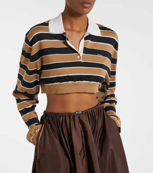 Prada Striped Cropped Silk Polo Shirt