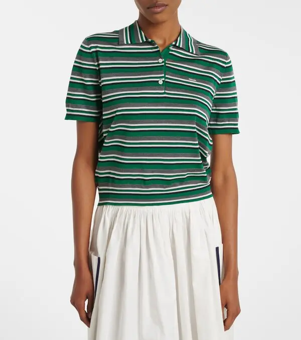 Prada Striped Cotton And Silk Polo Shirt - Green