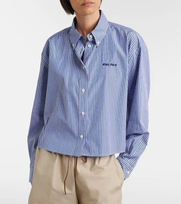 Miu Miu Striped Cropped Cotton Poplin Shirt - Blue