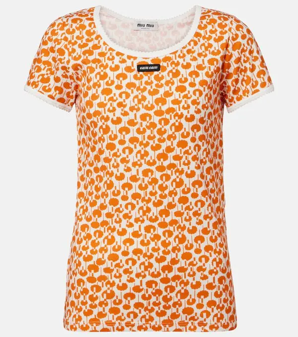Miu Miu Lace-trimmed Printed Cotton T-shirt - Orange