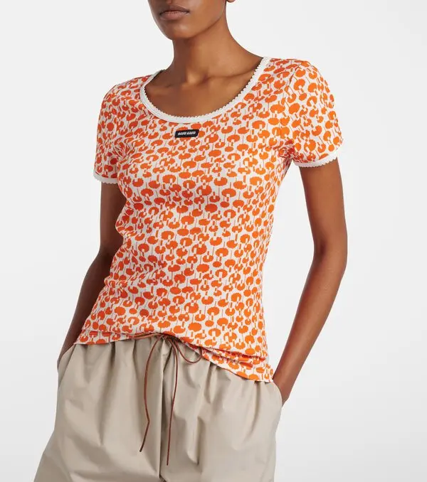 Miu Miu Lace-trimmed Printed Cotton T-shirt - Orange