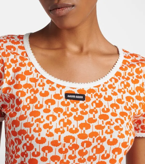 Miu Miu Lace-trimmed Printed Cotton T-shirt - Orange