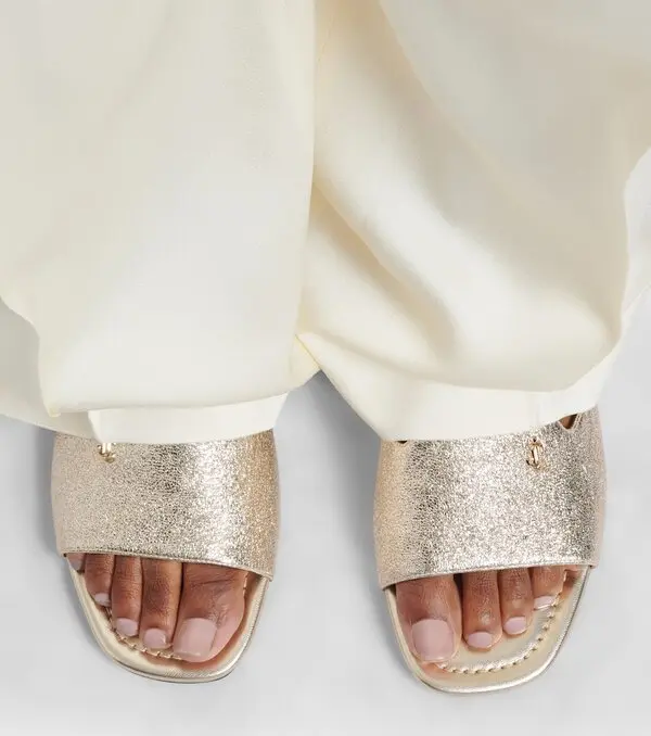 JIMMY CHOO Dina Metallic Leather Slides - Gold