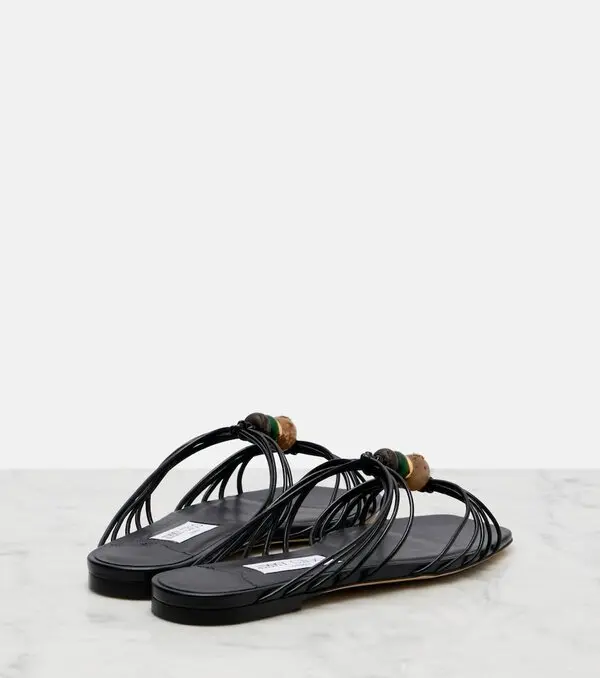 JIMMY CHOO Embellished Leather Flat Sandals - Black