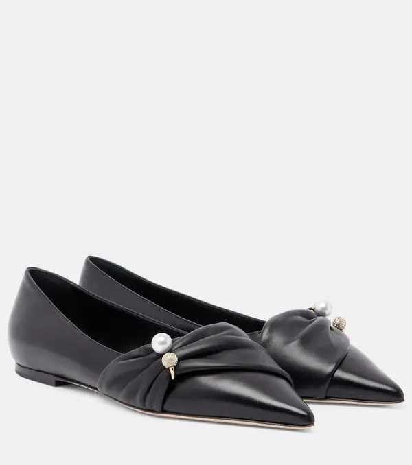 JIMMY CHOO Embellished Leather Pointed Toe Flats - Black