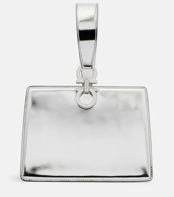 FERRAGAMO Gancini Metallic Leather Clutch - Silver