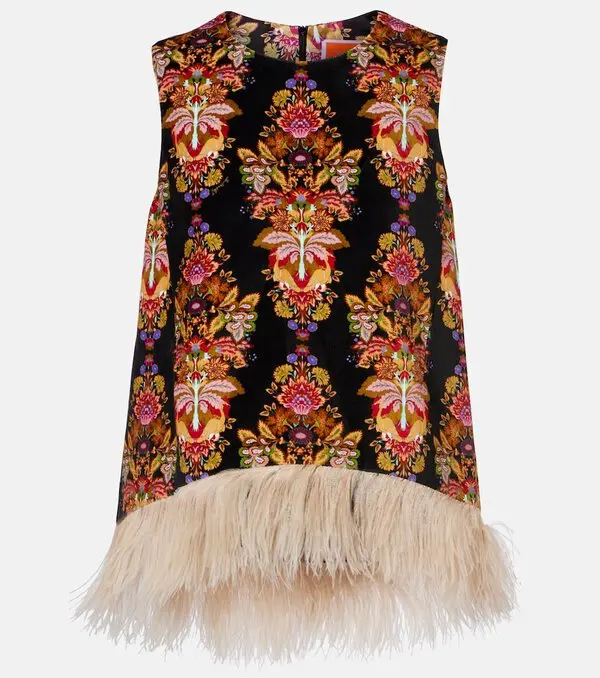 La DoubleJ La Scala Feather-trimmed Cotton Top - Multicoloured