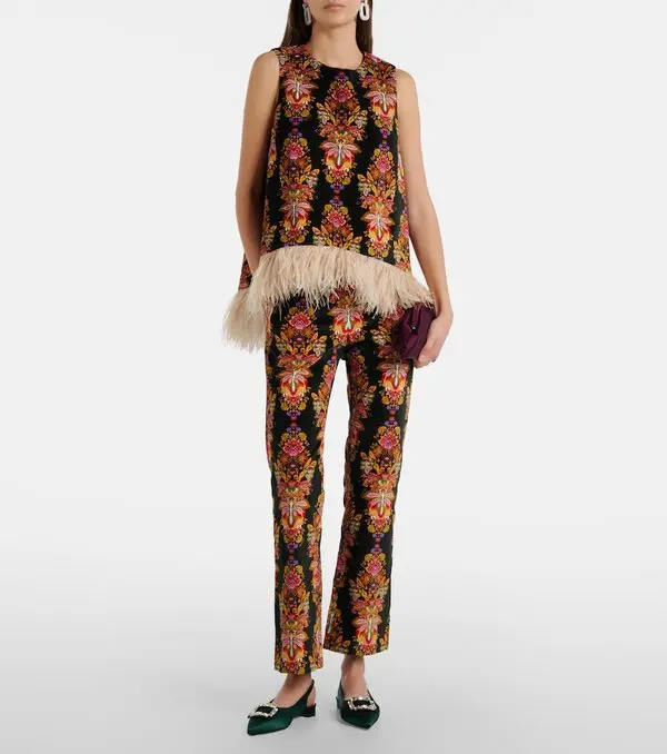 La DoubleJ La Scala Feather-trimmed Cotton Top - Multicoloured