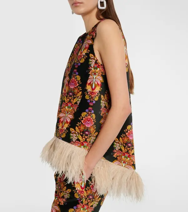 La DoubleJ La Scala Feather-trimmed Cotton Top - Multicoloured