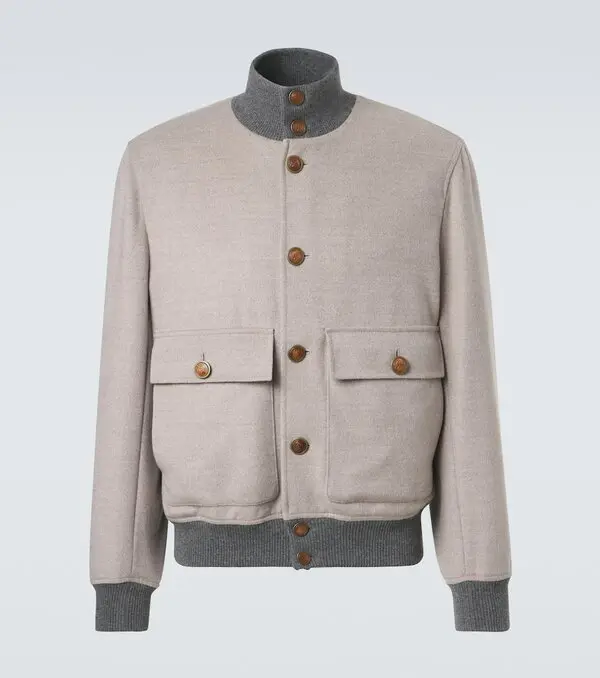 Brunello Cucinelli Wool Bomber Jacket With Cashmere Trim - Grey