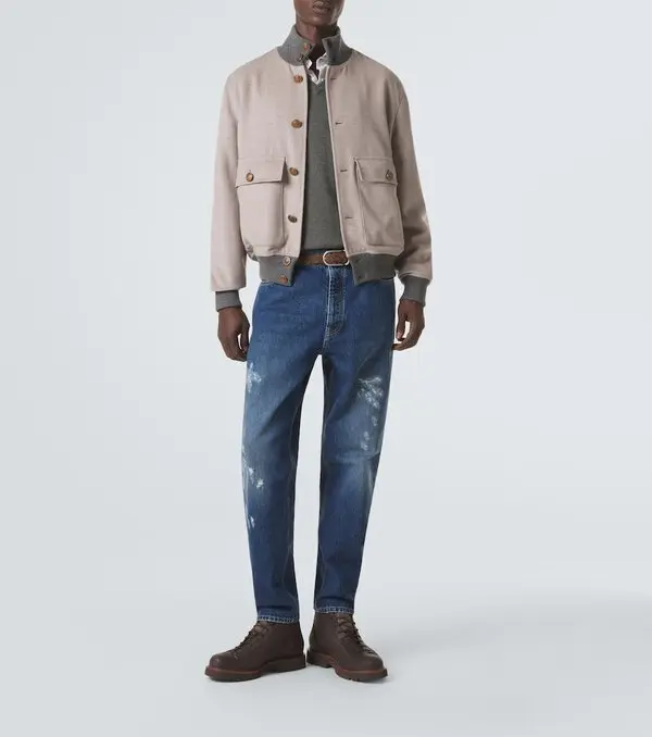 Brunello Cucinelli Wool Bomber Jacket With Cashmere Trim - Grey