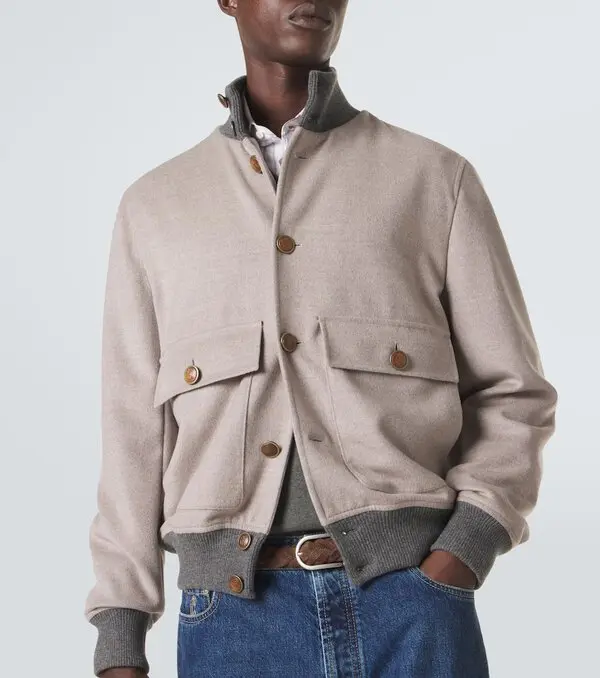 Brunello Cucinelli Wool Bomber Jacket With Cashmere Trim - Grey