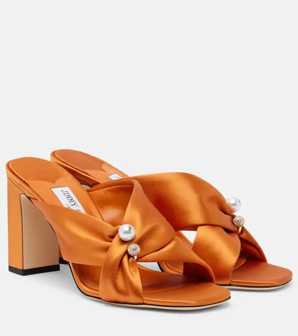 JIMMY CHOO Embellished Satin Mules - Orange