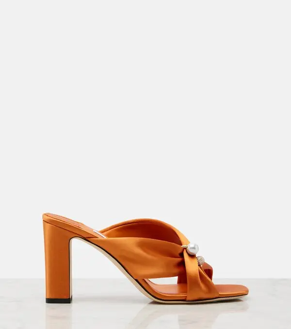 JIMMY CHOO Embellished Satin Mules - Orange