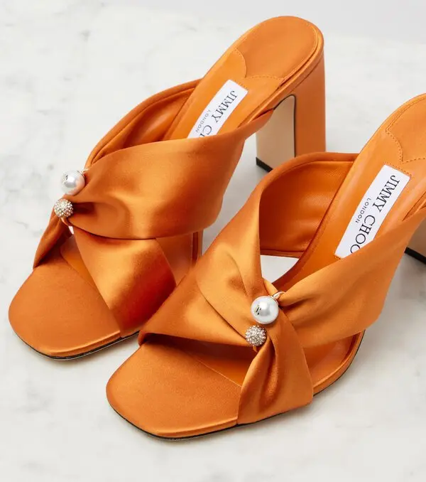 JIMMY CHOO Embellished Satin Mules - Orange