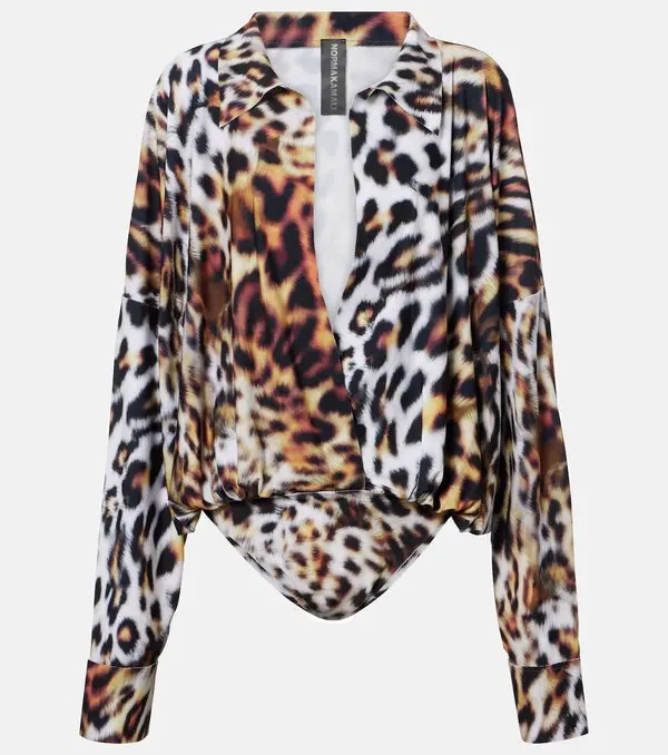Norma Kamali Oversized Leopard-print Satin Bodysuit - Multicoloured