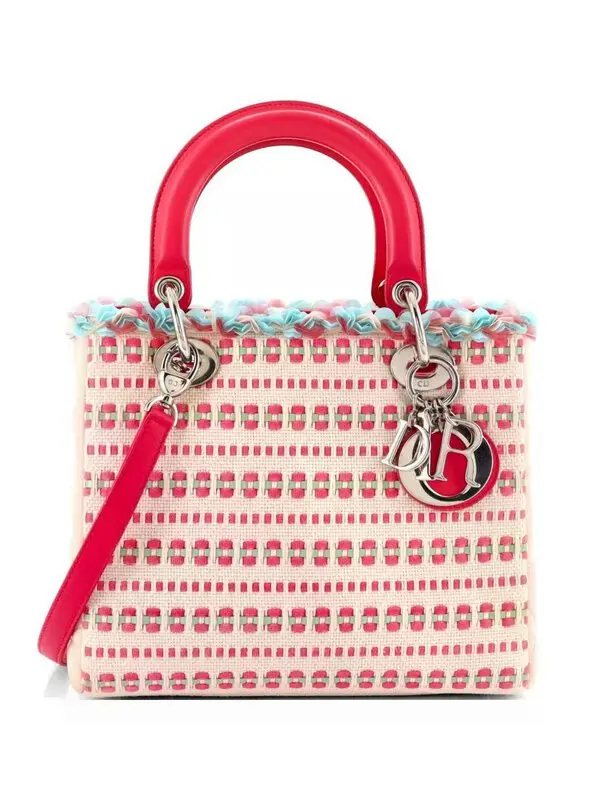 Dior Lady Bag Woven Tweed With Cannage Quilt Lambskin Tote Bag - Pink