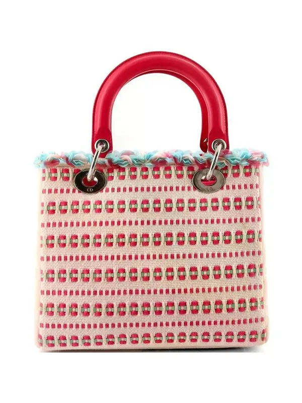 Dior Lady Bag Woven Tweed With Cannage Quilt Lambskin Tote Bag - Pink