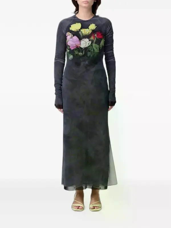 MSGM Floral Print Tulle Maxi Dress - Grey