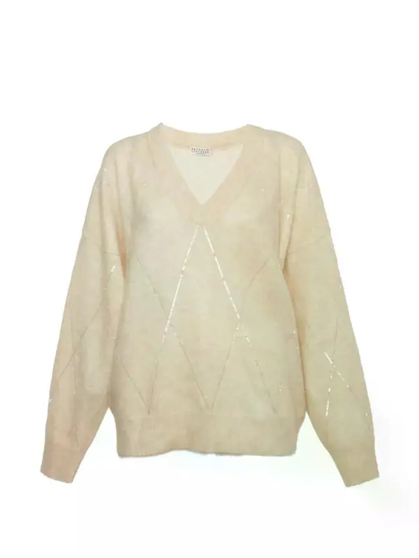 Brunello Cucinelli Sequin-embellished Argyle V-neck Sweater