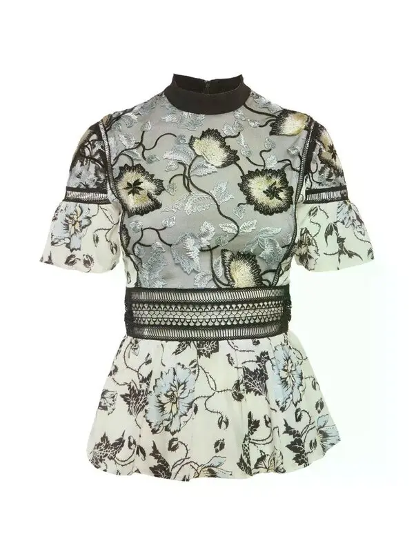 SELF-PORTRAIT Floral Embroidered Ruffled Blouse - White