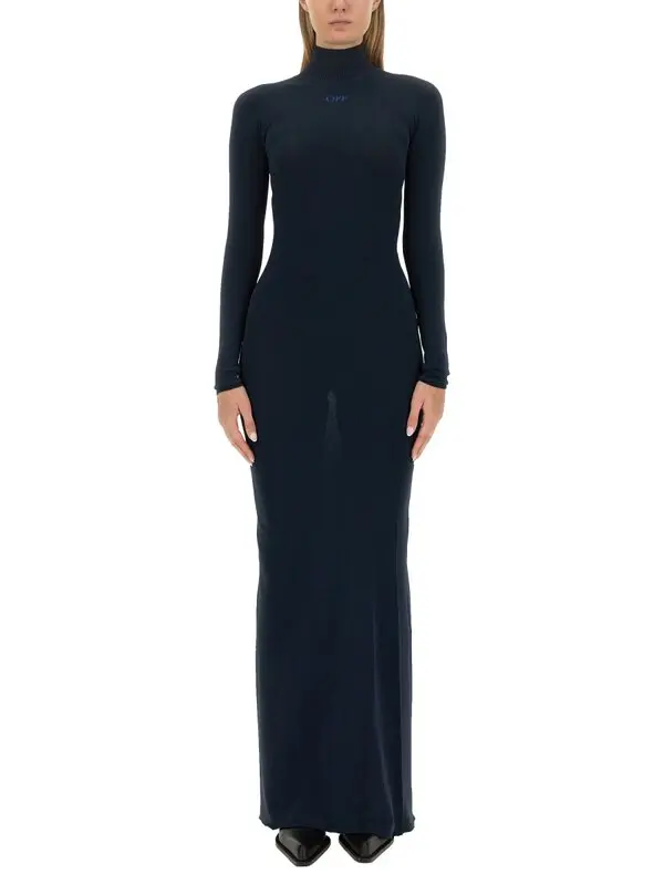 Off-White Funnel Neck Maxi Dress With Long Sleeves