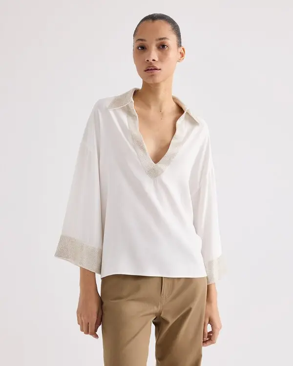 TWP Crepe Back Satin Tunic With Hand-beaded Trim - Ivory