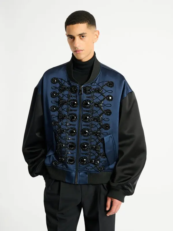 Balmain Embellished Satin Military Bomber Jacket