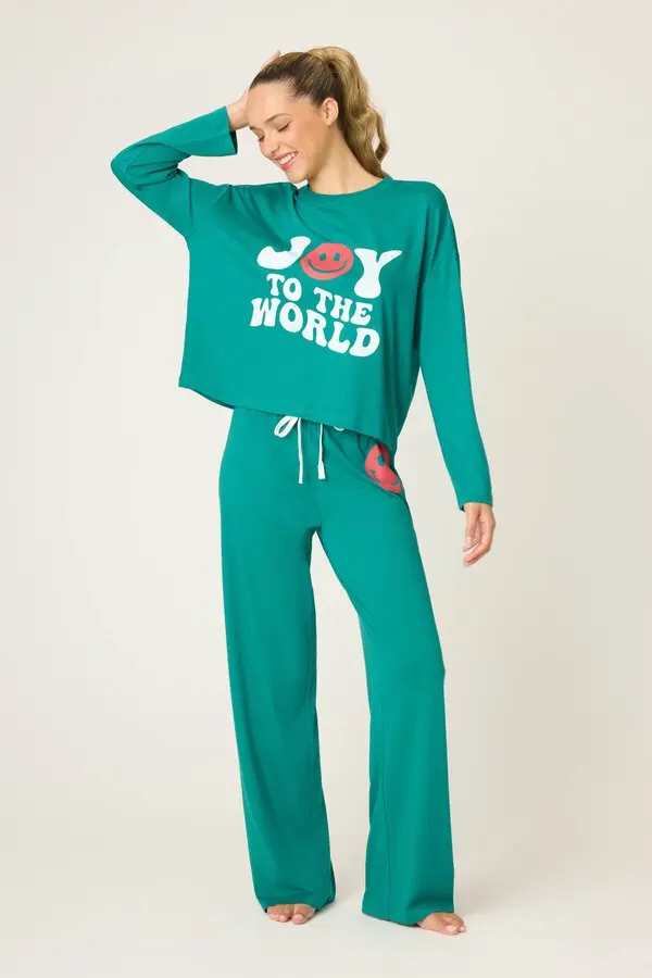 PJ Salvage Joy To The World Long Sleeve Lounge Pajama Set - Emerald