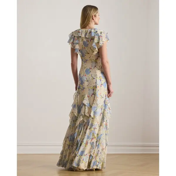 Ralph Lauren Floral Ruffle-trim Georgette Gown