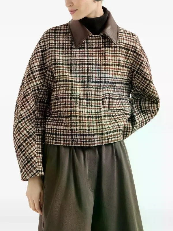 Brunello Cucinelli Checked Wool And Alpaca Blend Jacket With Leather Collar And Monili