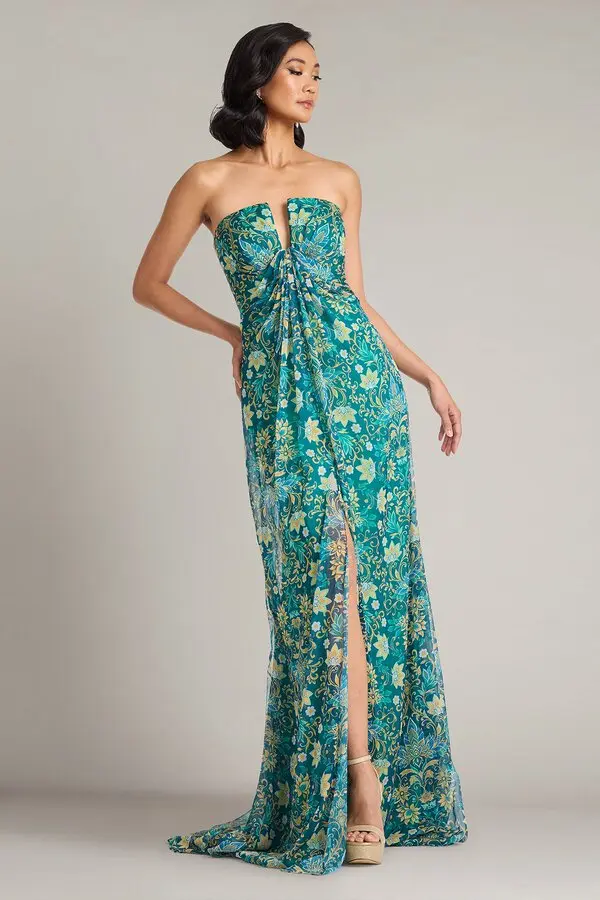 Tadashi Shoji Verica Floral Print Chiffon Strapless Gown - Tea Leaf/multi