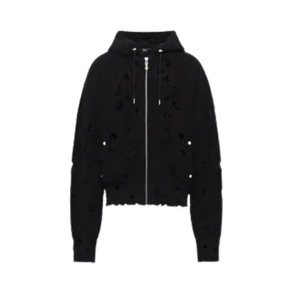 THUG CLUB Destroyed Knit Zip-up Hoodie - Black