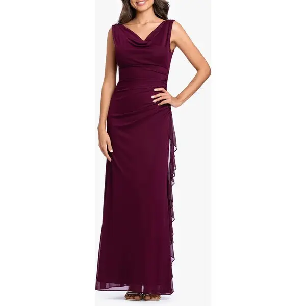 Betsy & Adam Side Ruffle Cowl Neck Sleeveless Gown