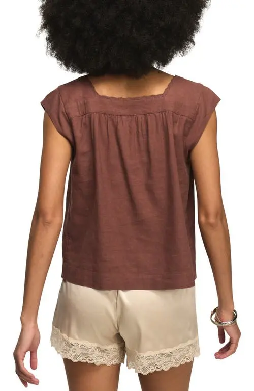Lucky Brand Lace Trim Tie Neck Linen Blend Top