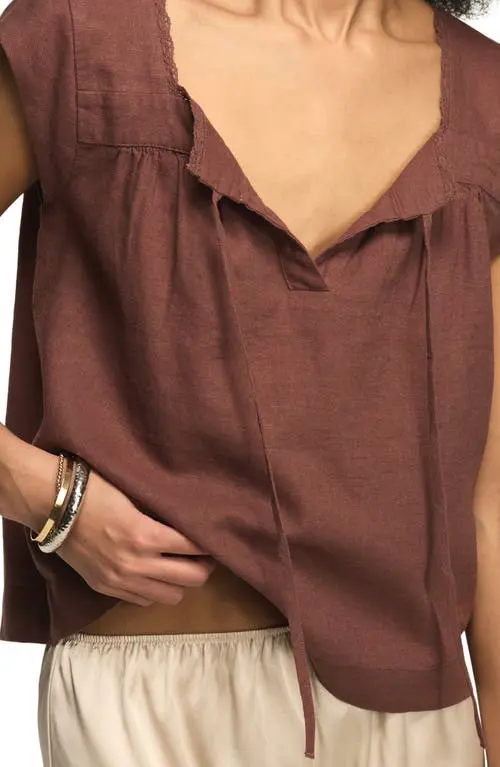 Lucky Brand Lace Trim Tie Neck Linen Blend Top