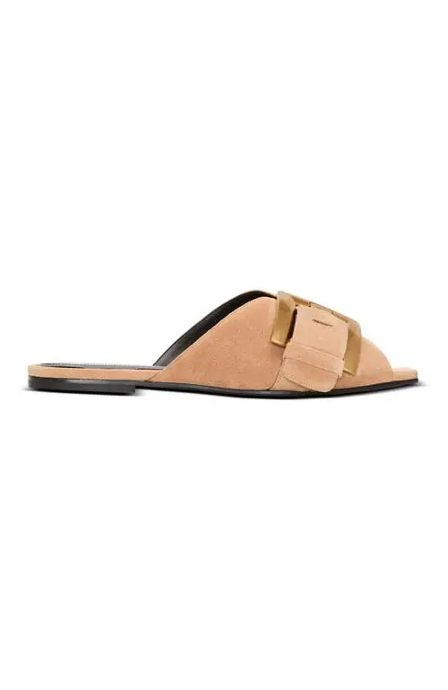 Balmain Flat Suede Leather Anthem Mules - Beige