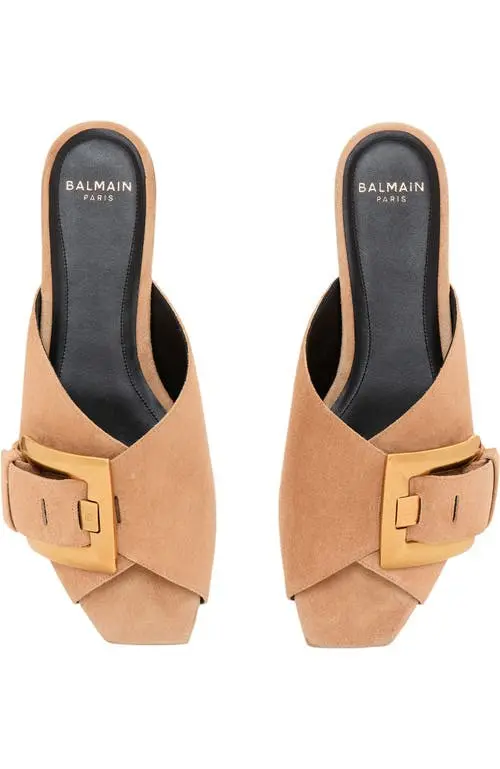 Balmain Flat Suede Leather Anthem Mules - Beige