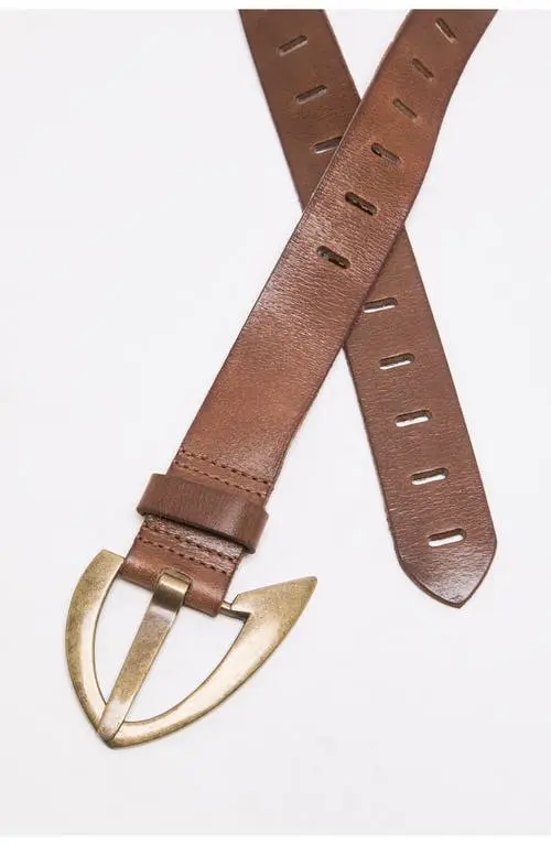 Free People Noa Leather Belt With Pointed Metal Buckle - Cognac