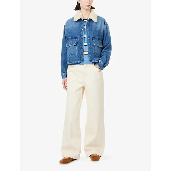 Moncler Faux Shearling Collared Denim Shirt - Medium Blue
