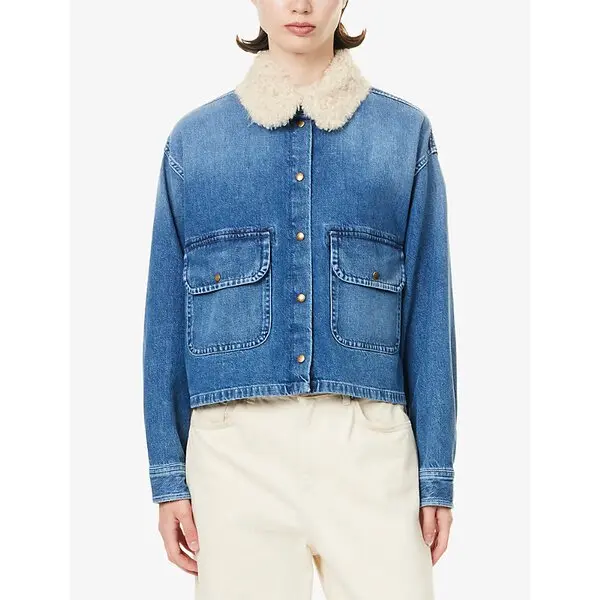 Moncler Faux Shearling Collared Denim Shirt - Medium Blue