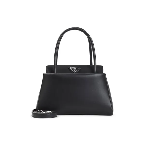 Prada Calfskin Leather Handbag With Triangle Logo - Black
